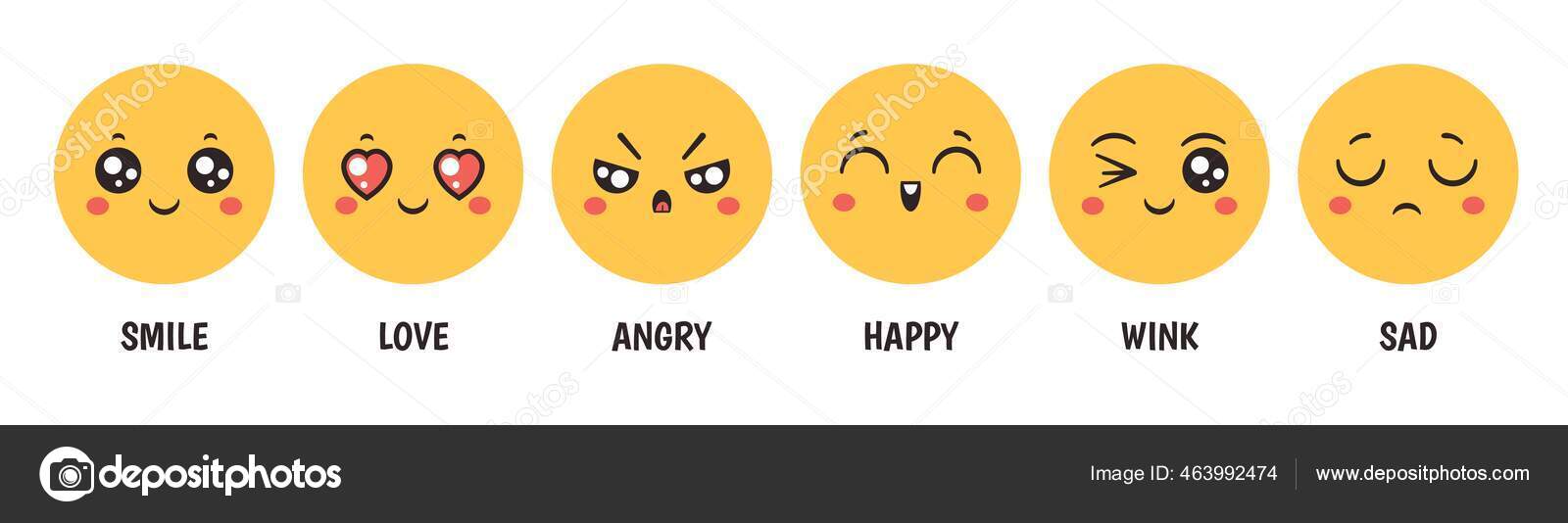 Emoticons emotions. Cartoon emoji faces with happy smile, love, sad ...