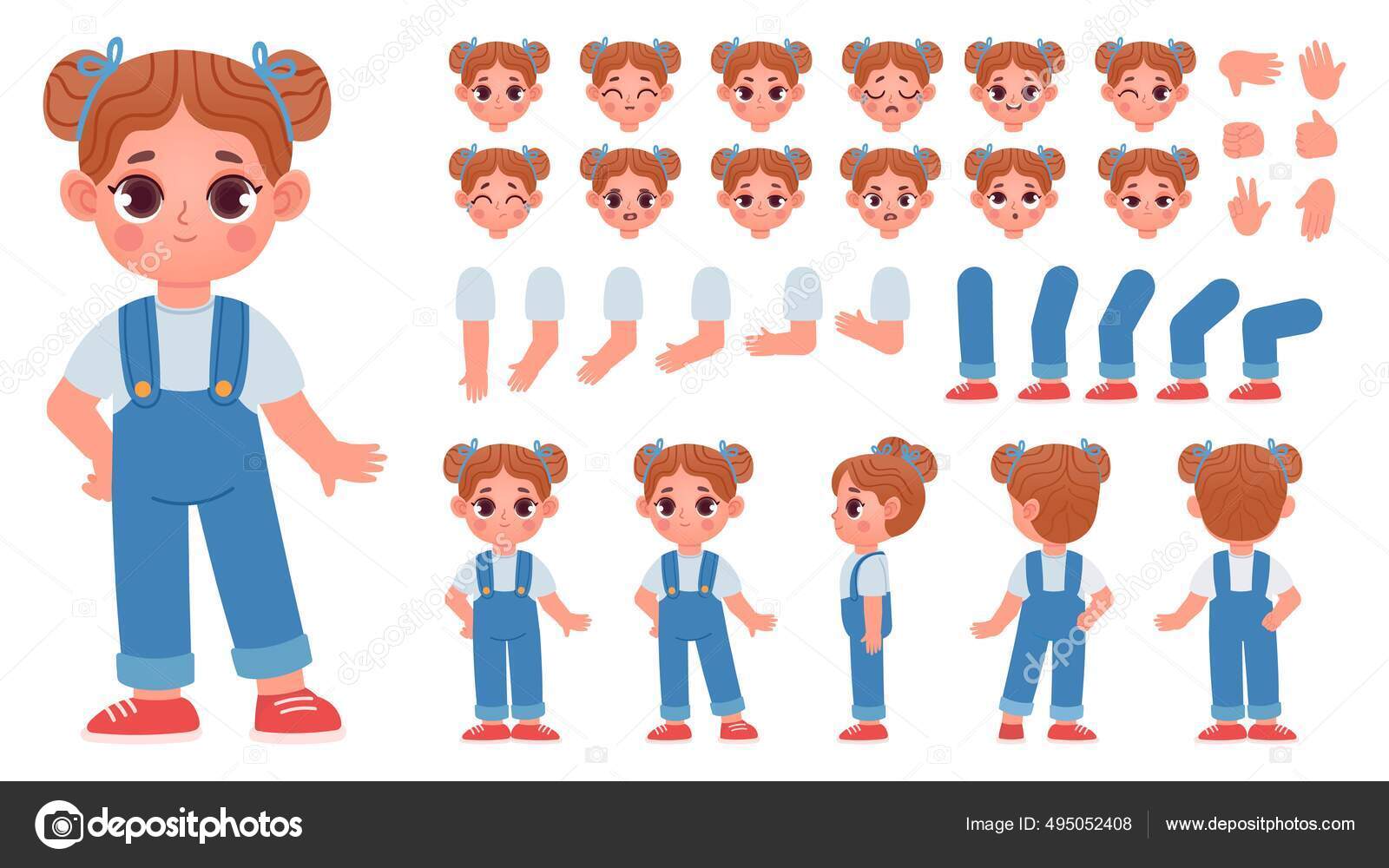 Cartoon little girl character constructor with gestures and emotions ...