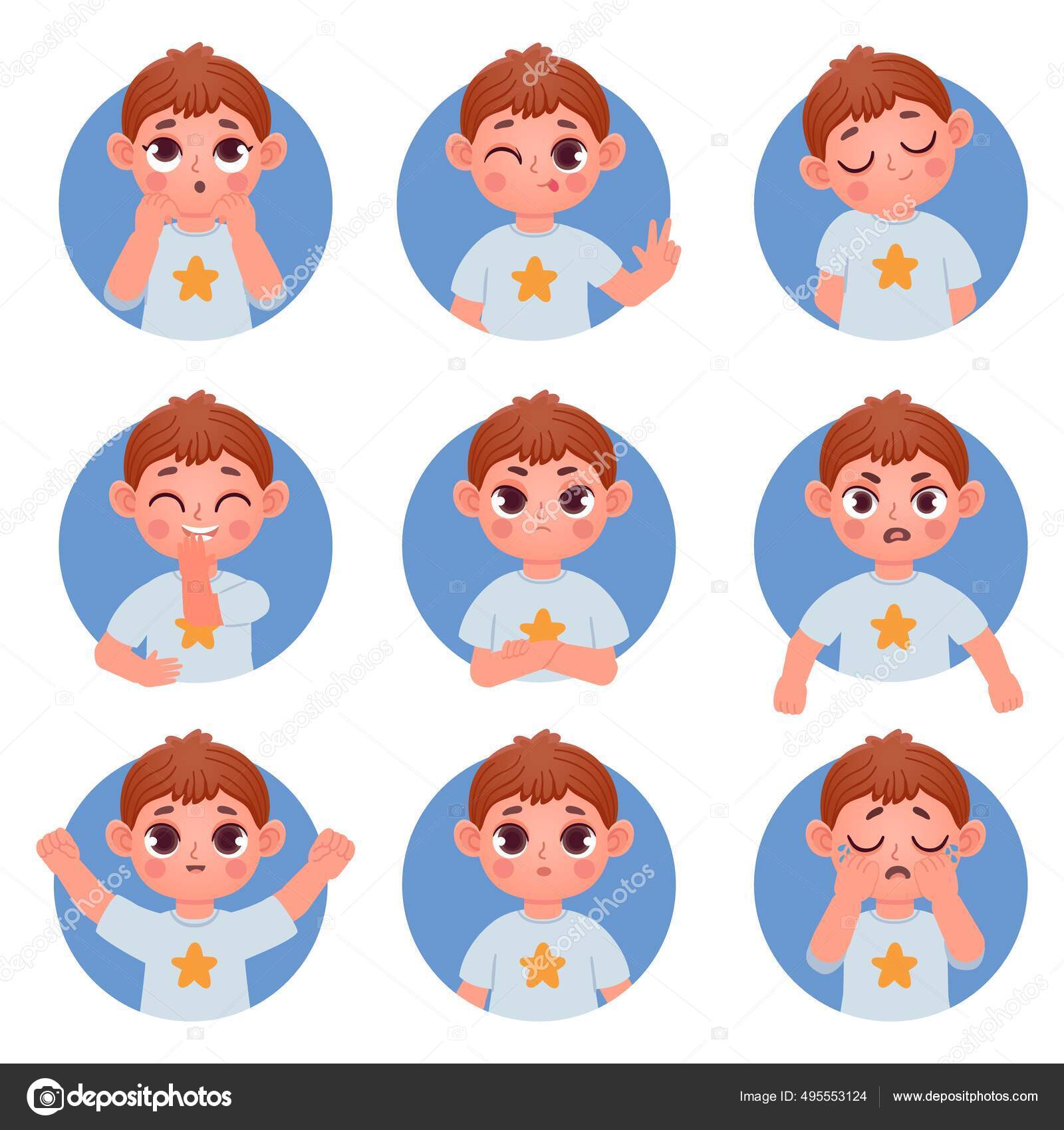Dibujos animados niño avatar cara emociones y sentimientos. Emoji niño ...