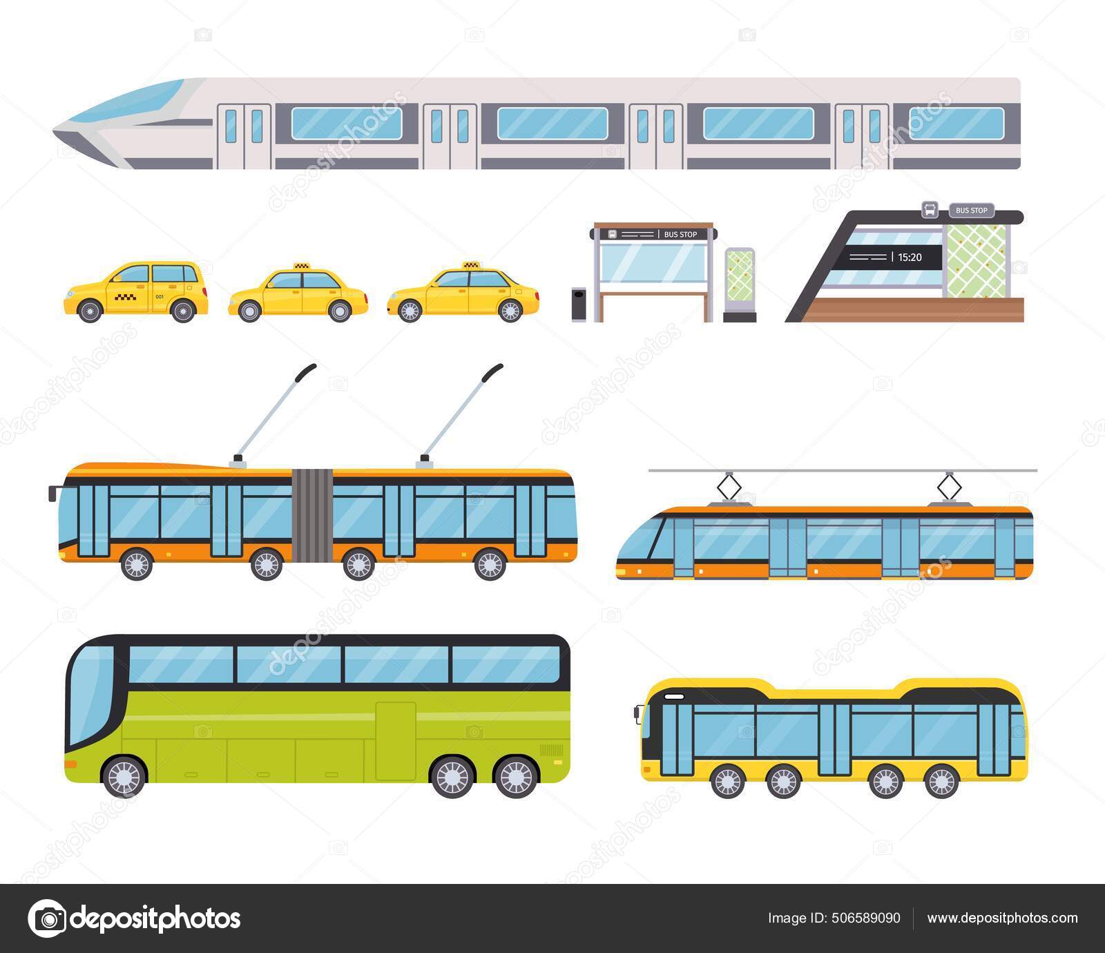 Flat public city land transport and yellow taxi car. Urban vehicles and ...