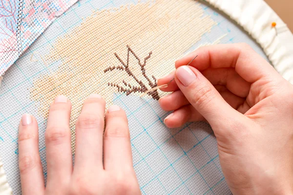Hair cross stitch | Woman hands doing cross-stitch. A close up of ...