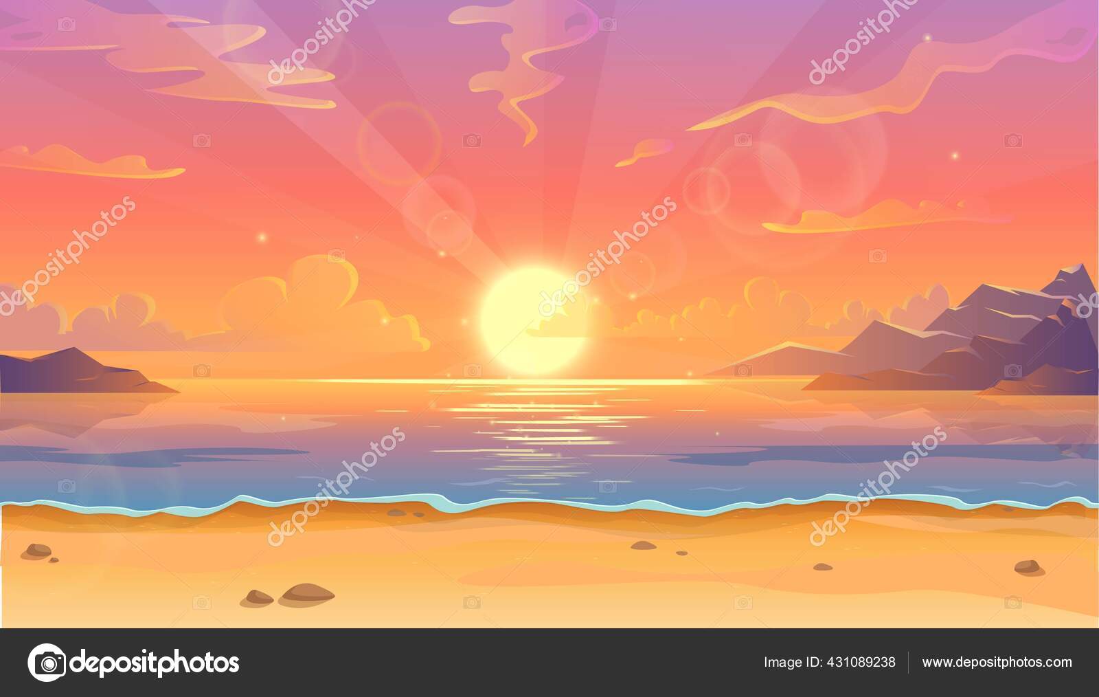 Vektor Tecknad Illustration Havet Landskap Solnedgång Eller Soluppgång ...