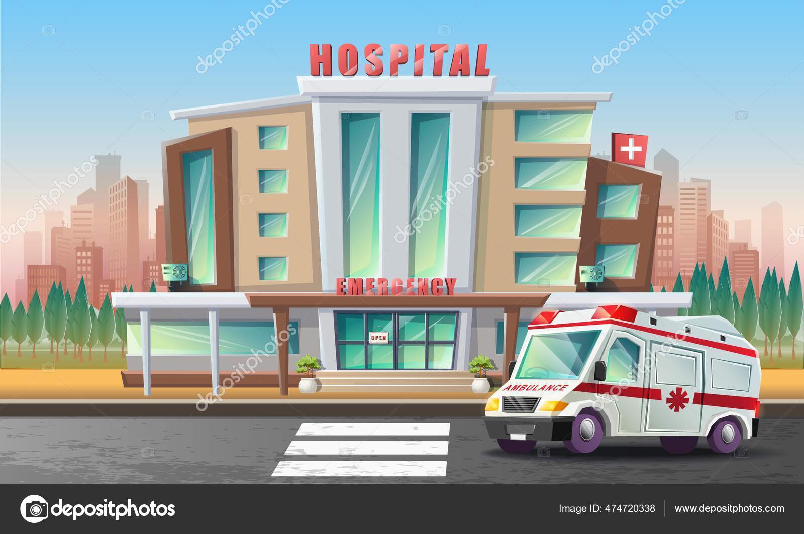 Hospital Building With Ambulance