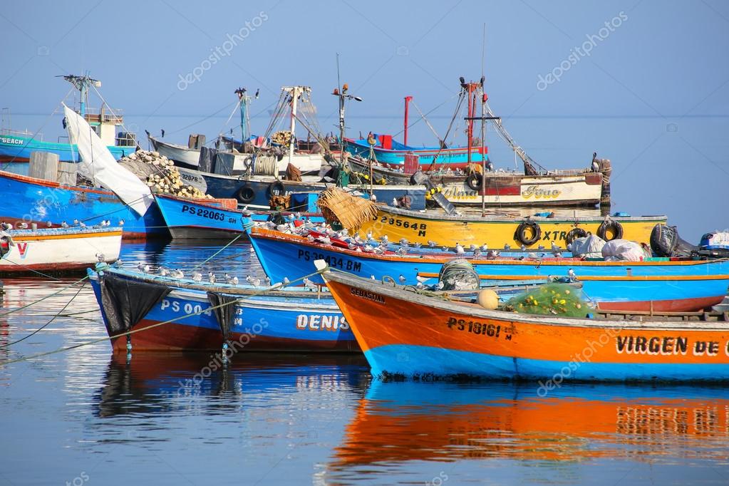 PARACAS, PERU-JANUARY 26: Colorful fishing boats anchored in Paracas ...