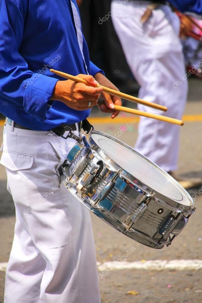 Close up of a man playing drum during Festival of the Virgin de — Stock ...