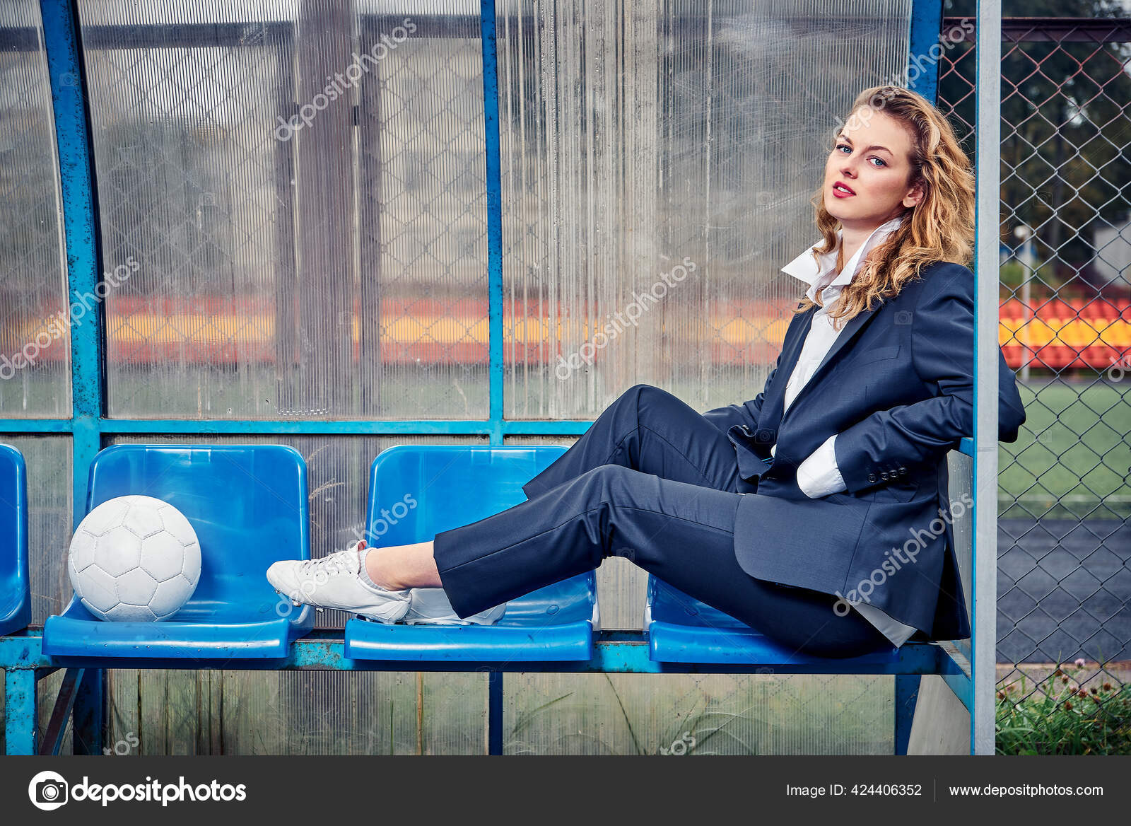 Female Soccer Coach Sits Podium Coaching Cabin Stock Photo by ©OlekLu ...