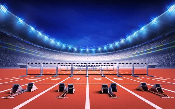 Athletics stadium with race track with starting blocks front view Stock ...