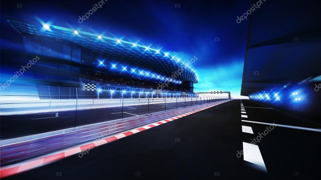 Racetrack finish area with box line and main tribune — Stock Photo ...