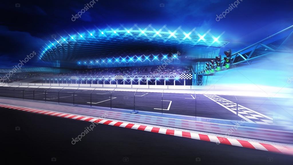 Finish line gate on racetrack with stadium in motion blur Stock Photo ...