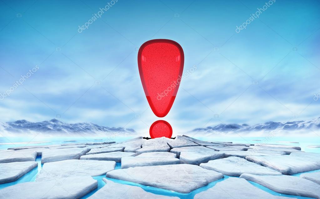 signo de exclamación roja en medio del agujero agrietado del témpano de ...