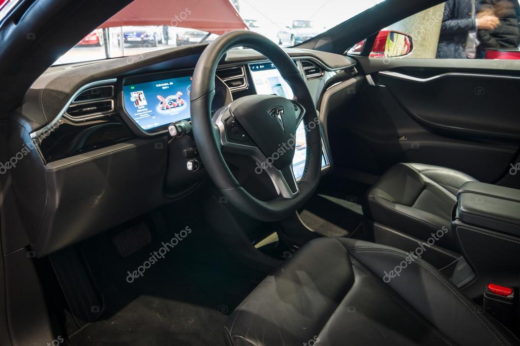 Cabin of full-size luxury car Tesla Model S AWD 90D, 2015. — Stock ...