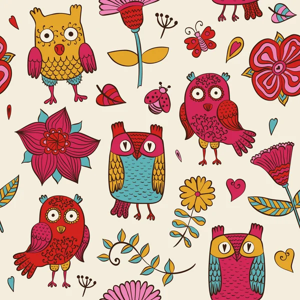 Cute owls on branch in flowers. Spring concept background. Bright ...
