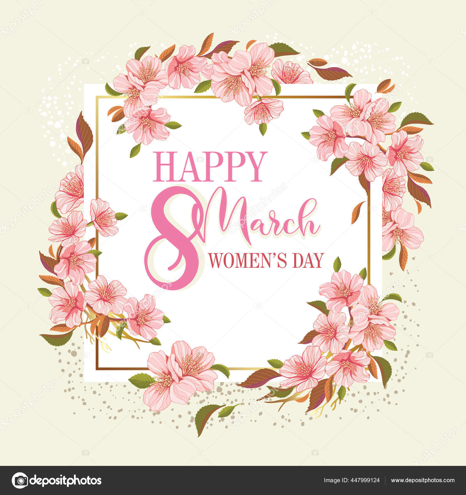 Square Postcard Blooming Sakura Branches Gold Frame Congratulations ...