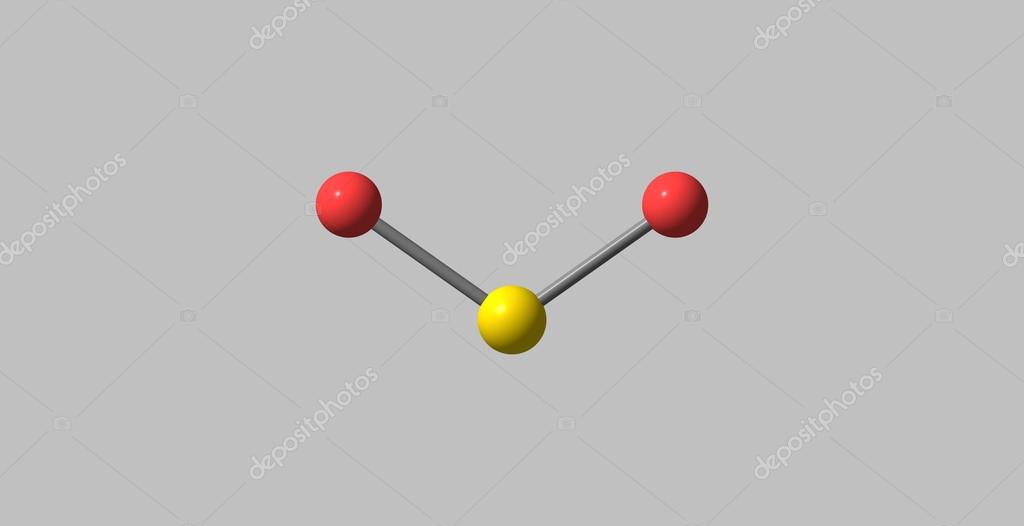 3D illustration of Sulfur dioxide molecular structure isolated on grey ...