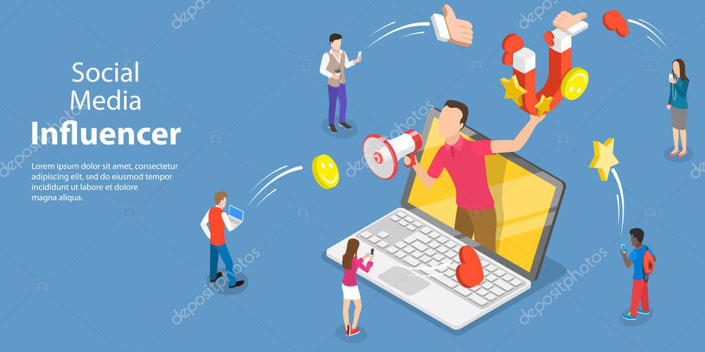 Ilustraci n conceptual vectorial plana isom trica 3D del influenciador de las redes sociales 2024