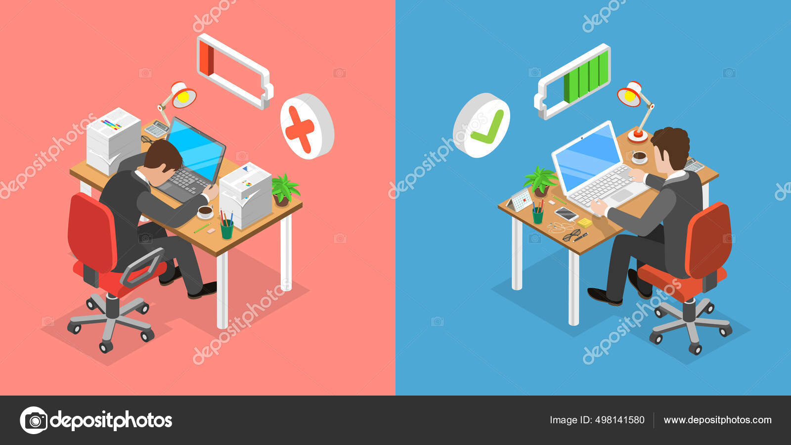 3D Isometric Flat Vector Conceptual Illustration of Healthy Vs Burnout Employee Stock Vector ...