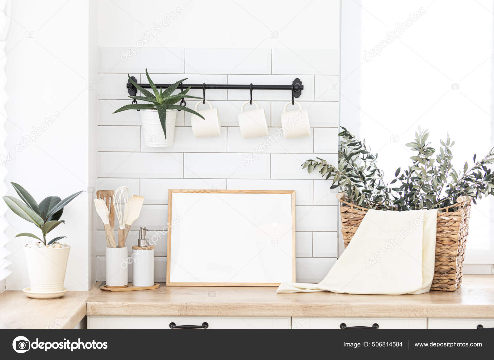 Mock up frame in kitchen interior background. Scandinavian home design ...