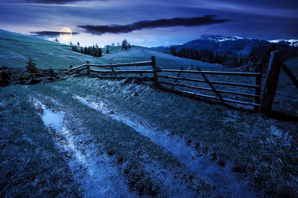 mountainous rural landscape at night in spring. path through grassy ...
