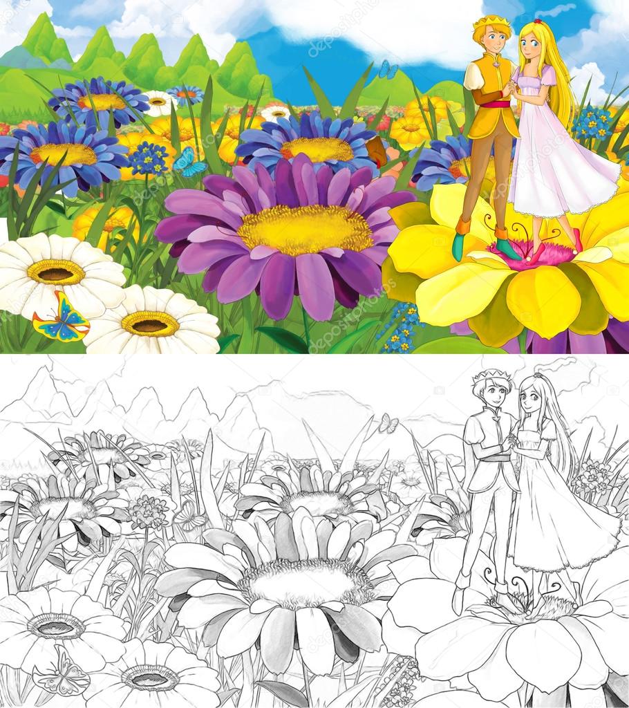 Cartoon scene with prince and princess on flowers — Stock Photo ...