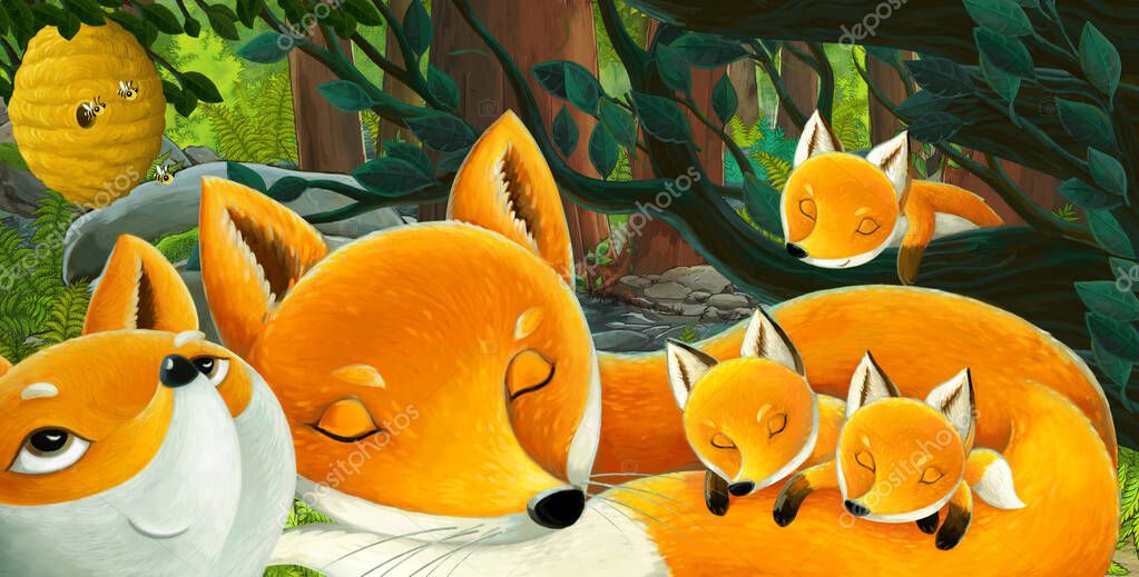 escena de dibujos animados con animales amigables en el bosque ...