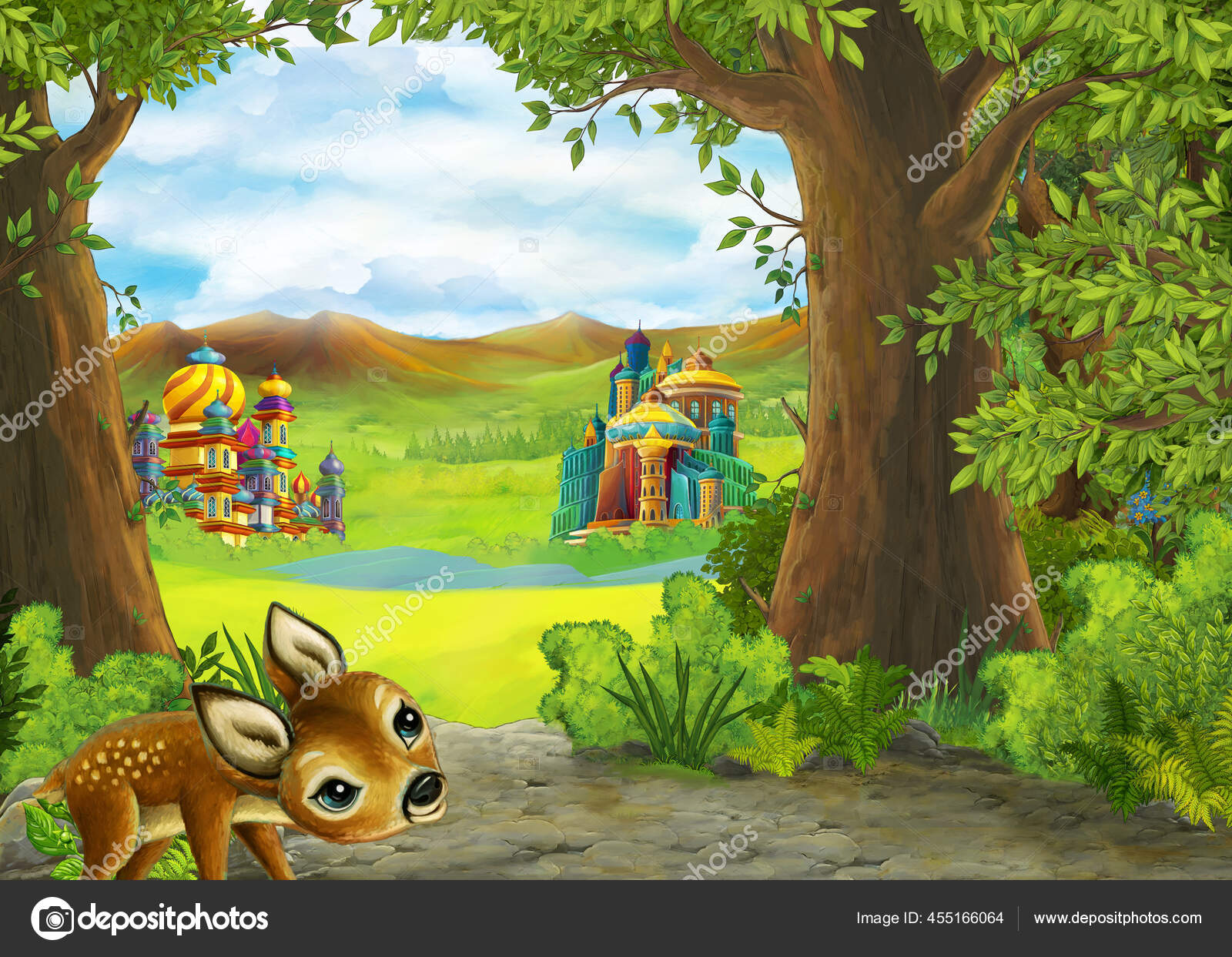 Cartoon Nature Scene Forest Path Illustration Children Stock ...