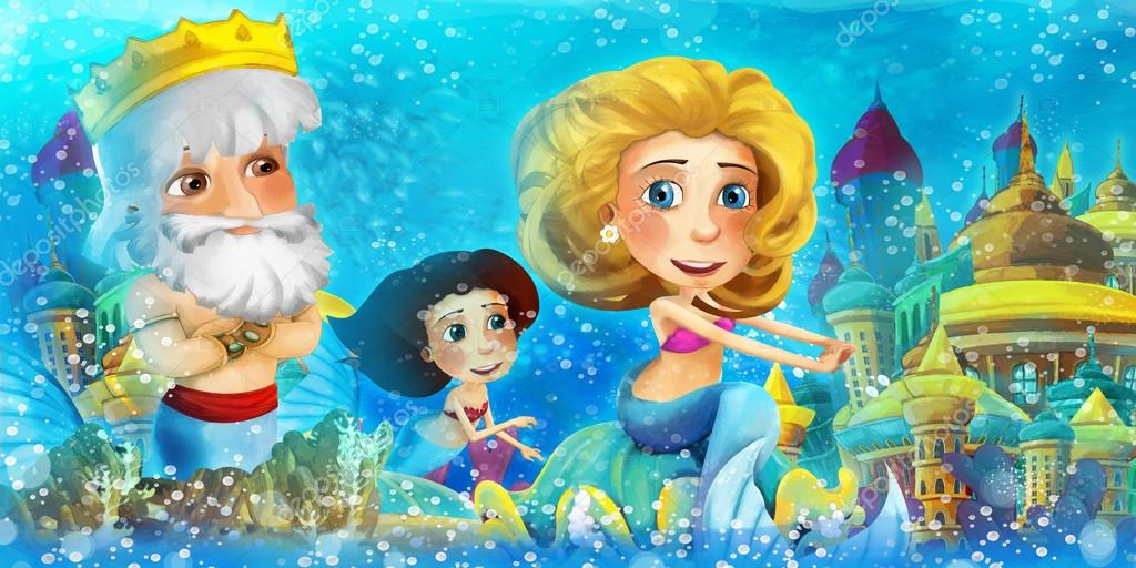 Cartoon ocean and the mermaid with his father the king — Stock Photo ...