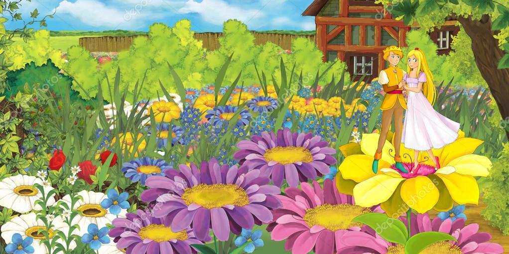 Farm scene with prince and princess on flowers Stock Photo by ...