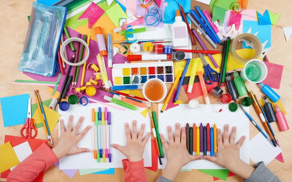 Child drawing top view. Artwork workplace with creative accessories ...