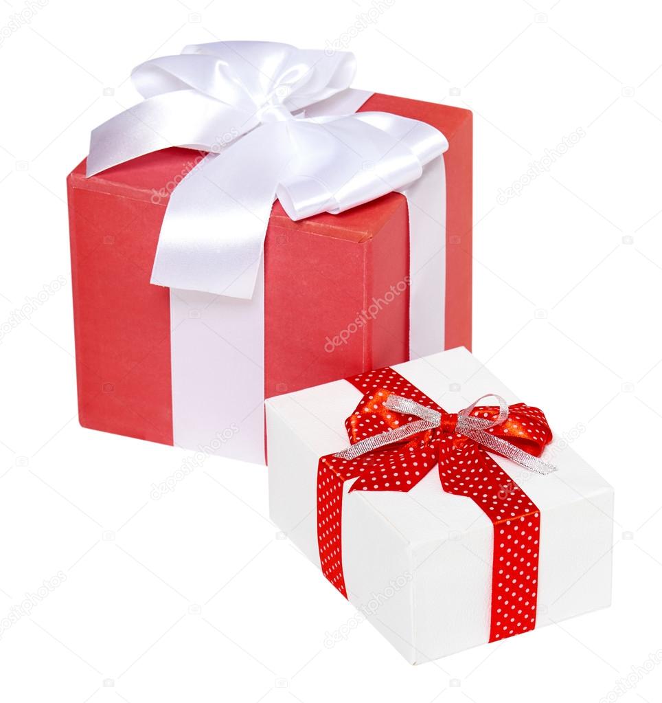 Two gift box decorated silk red ribbon and bow, object on white studio ...