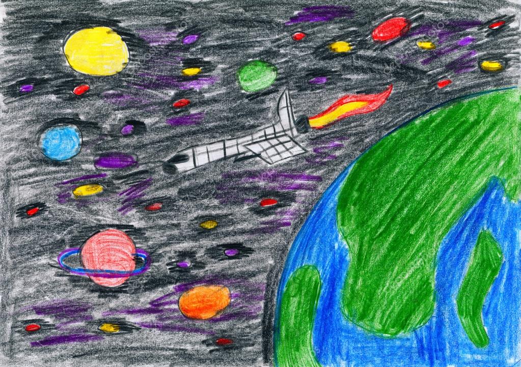 Spaceship flies in an earth orbit - child drawing picture on paper ...