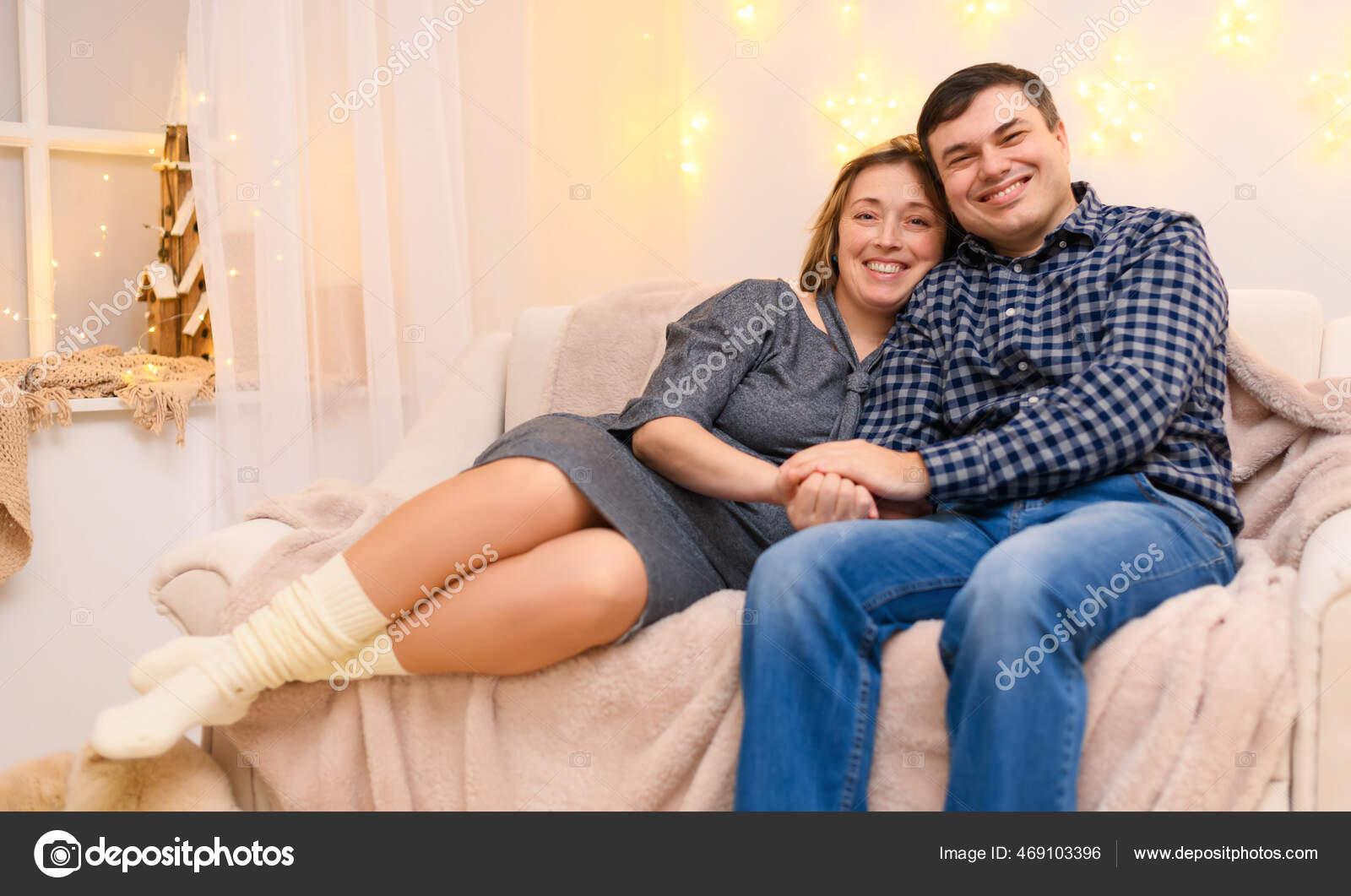 Portrait Adult Romantic Couple Sitting Couch Home Holiday Lights Wall ...