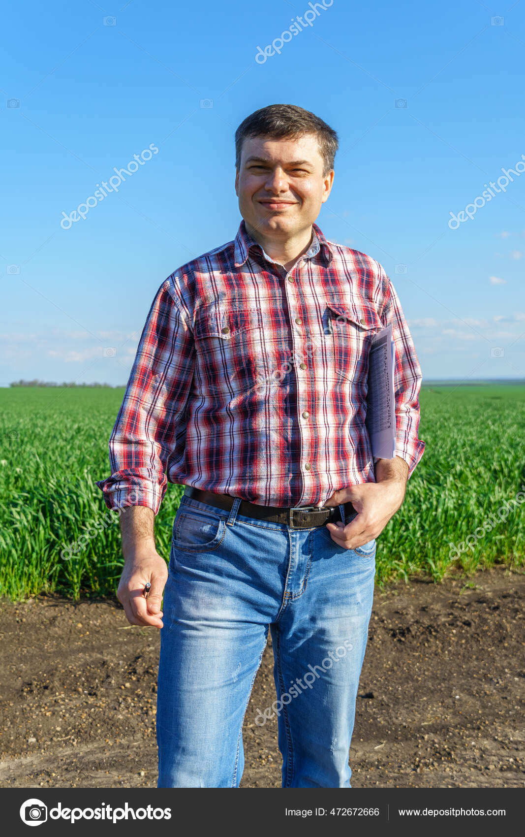 Man Farmer Poses Field Dressed Plaid Shirt Jeans Checks Reports — Stock ...