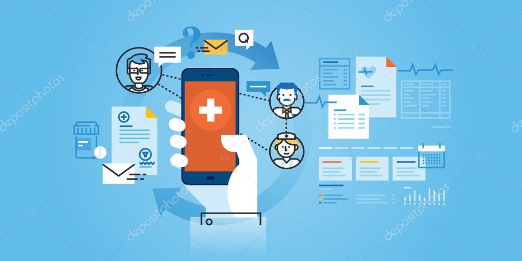 Flat line design website banner of healthcare mobile app Stock Vector ...