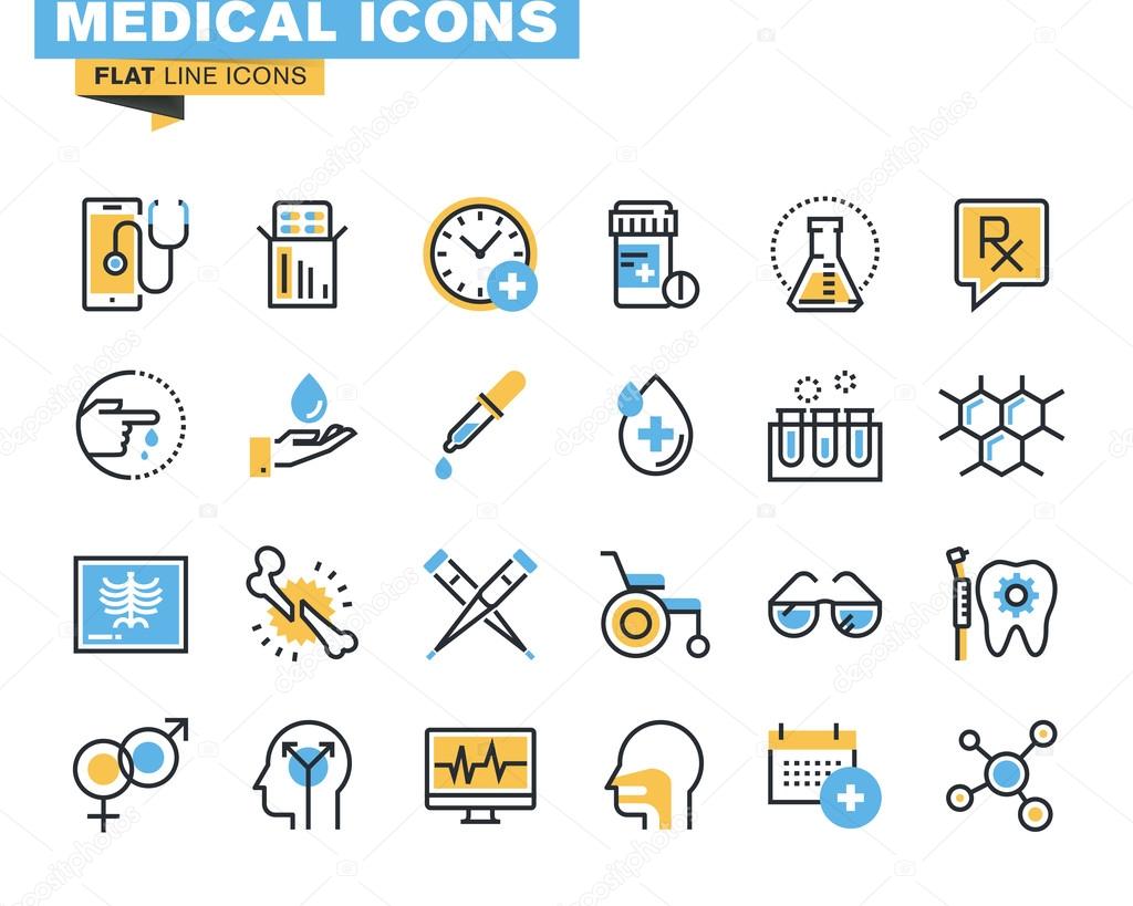 Flat line icons set of medical supplies, healthcare diagnosis and ...