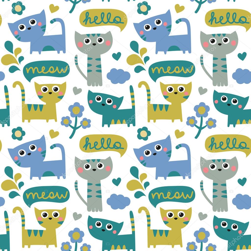Seamless pattern with cats, cloud, hello and meow and flowers Stock ...