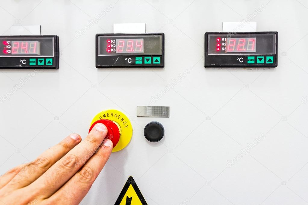 Hand, finger is pushing emergency red stop button Stock Photo by ...