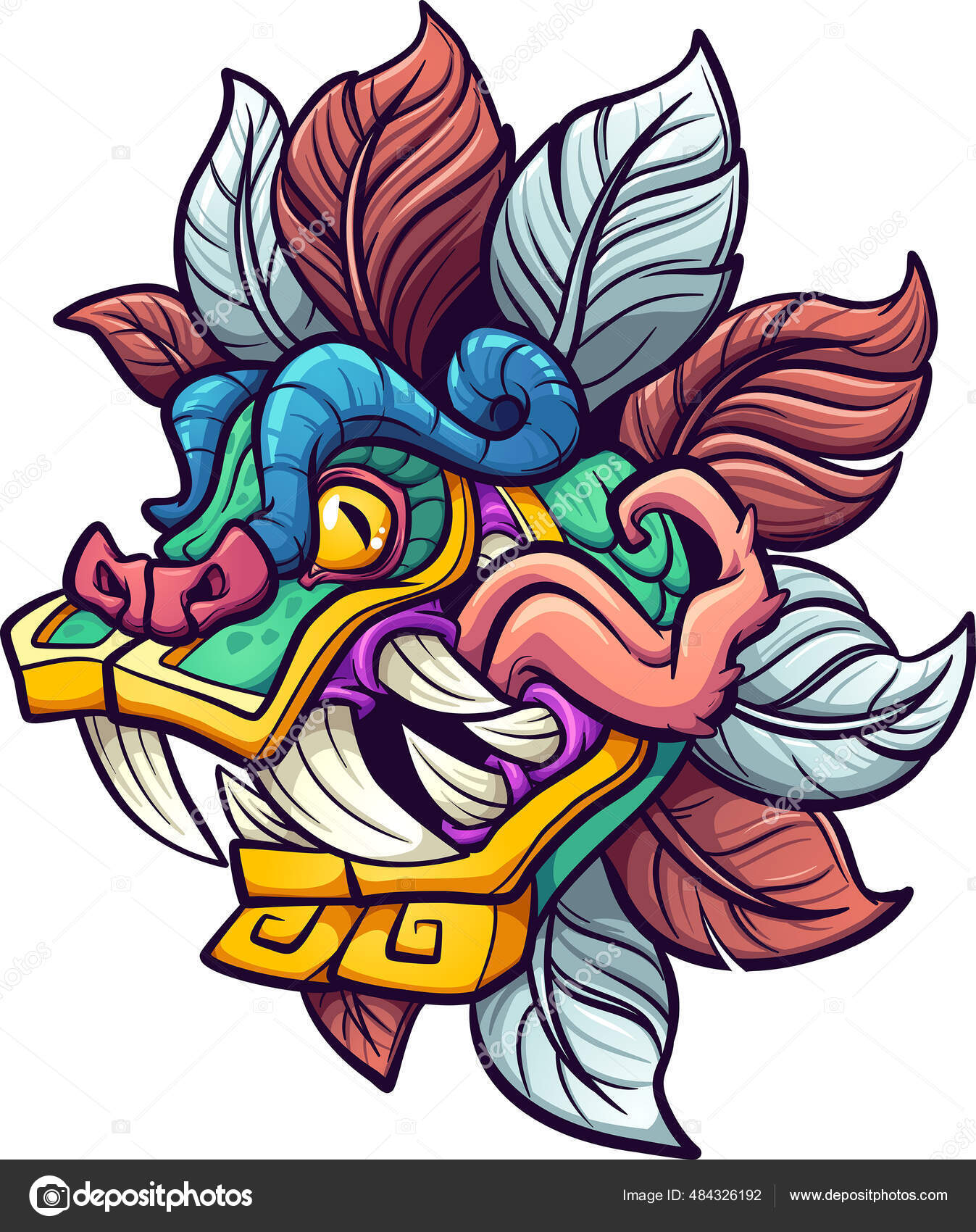 Cartoon Colorful Quetzalcoatl Aztec God Head Tongue Sticking Out Vector ...