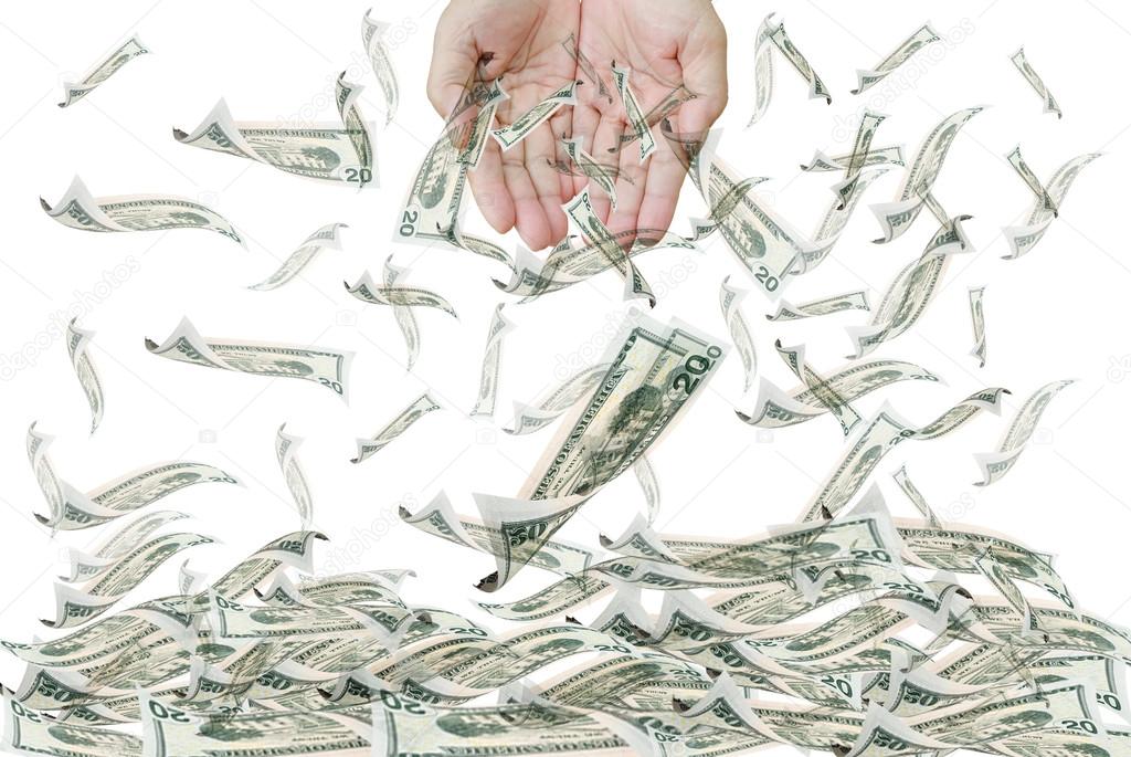 20 flying dollar bills and hand, isolated on white. Stock Photo by ...