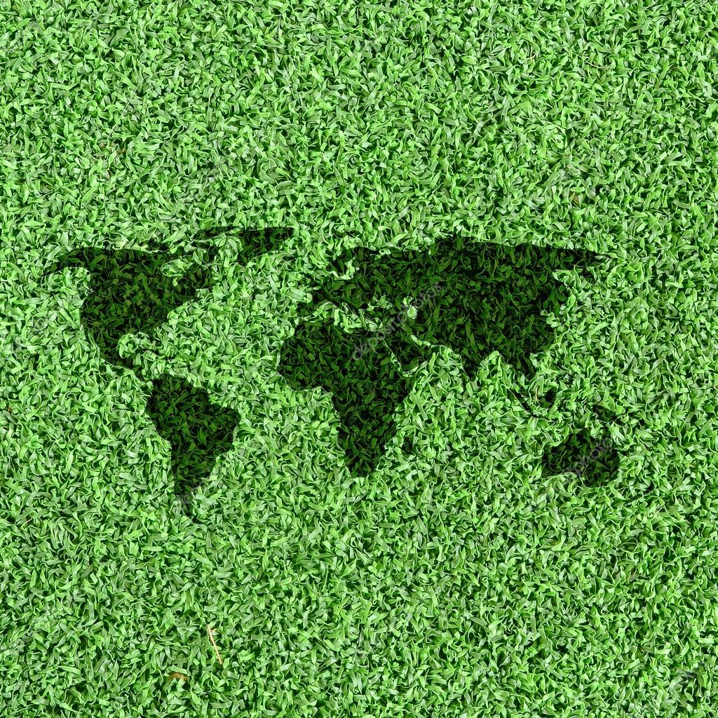 World map on Artificial Grass Field Landscape View — Stock Photo ...