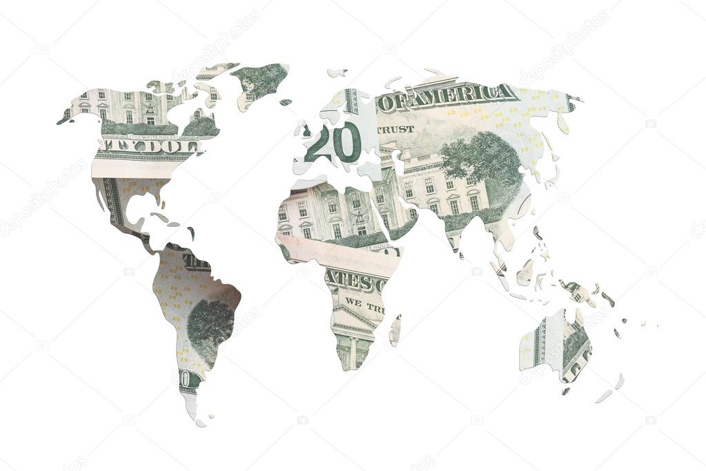 World map made with torn dollar bills isolated on white. Stock Photo by ...