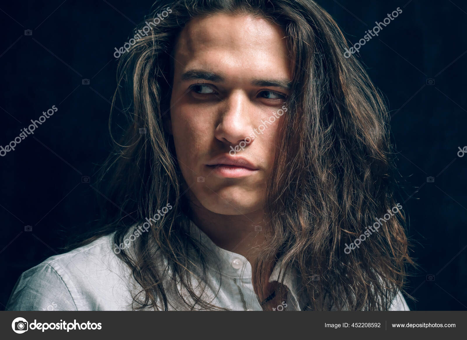 Handsome Calm Man Portrait Young Muscular Guy Long Hair Strong Stock ...