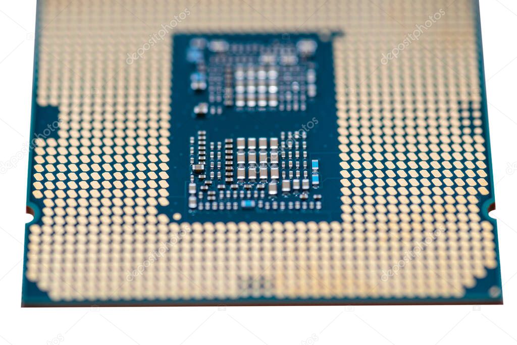 Una foto macro de un procesador de CPU moderno bajo el zócalo LGA 1200 ...