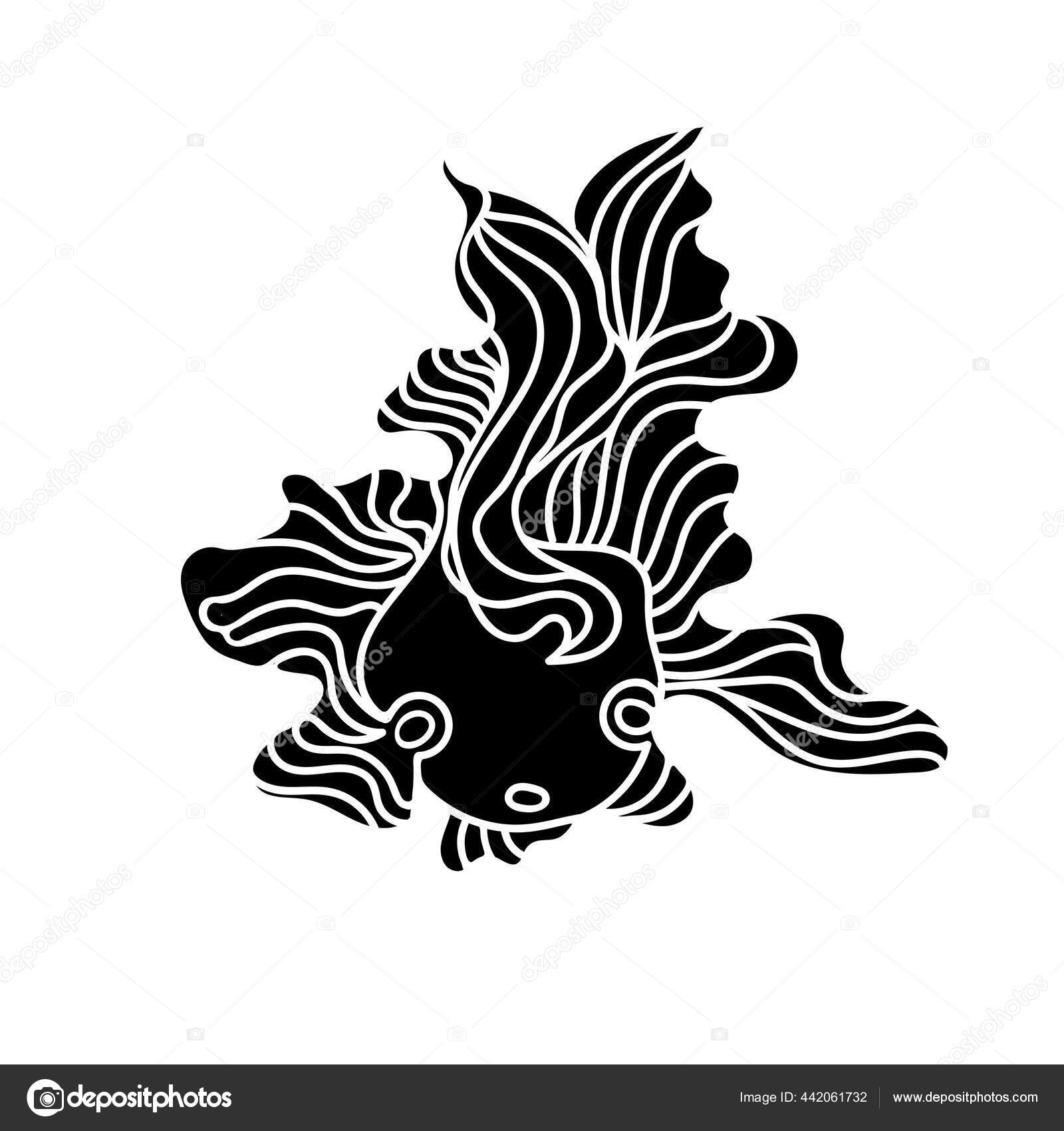Stylized doodle fish with wavy fins drawn by hand in vector black ...