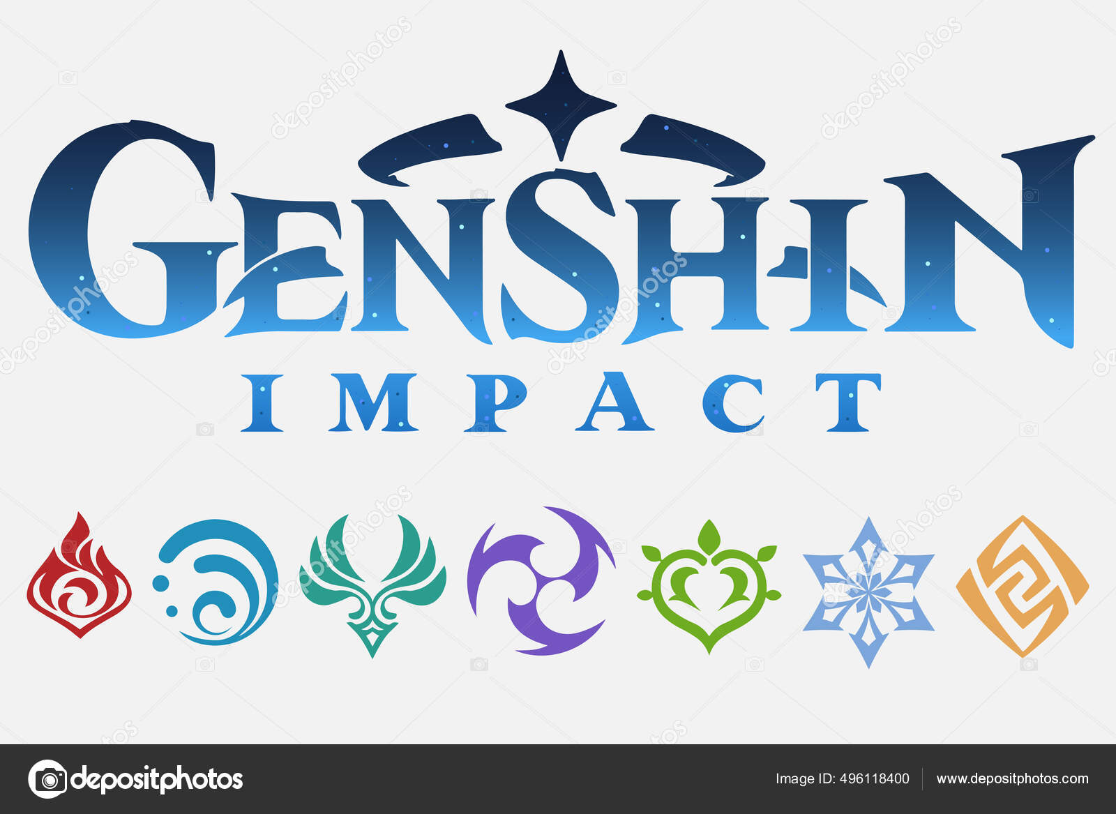 Conjunto de iconos de elementos y logotipo de impacto Genshin. Vector ...