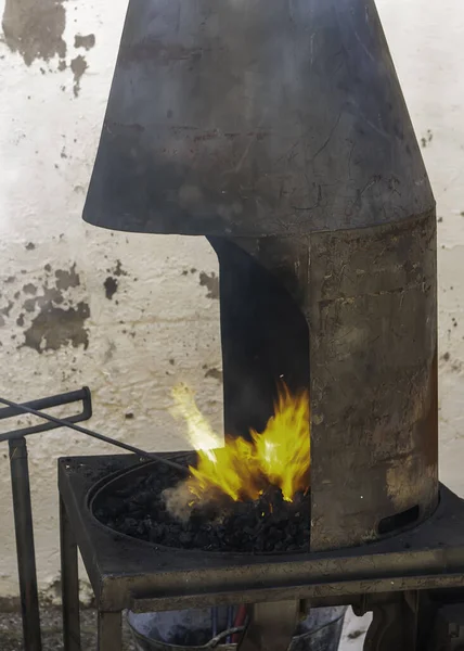 Fire in iron forge, manufacturing industry, business and factory ...