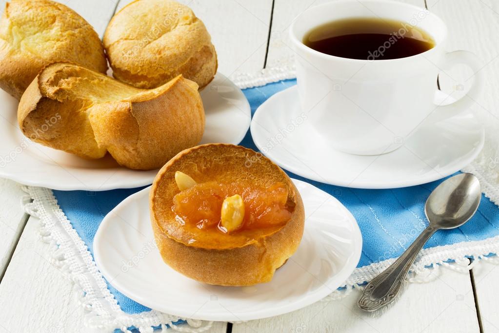 Cooked breakfast: Yorkshire pudding, apple jam and tea Stock Photo by ...