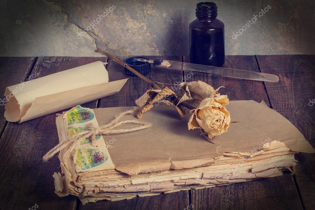 Retro composition: notebook, pen and ink. Tinted Photos — Stock Photo ...