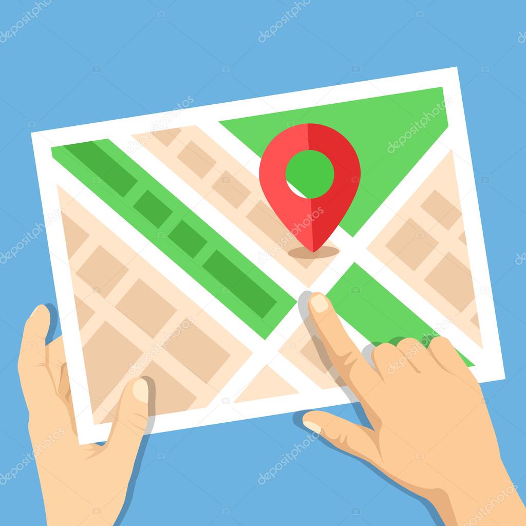 Hands holding city map with map marker flat illustration. Location map ...