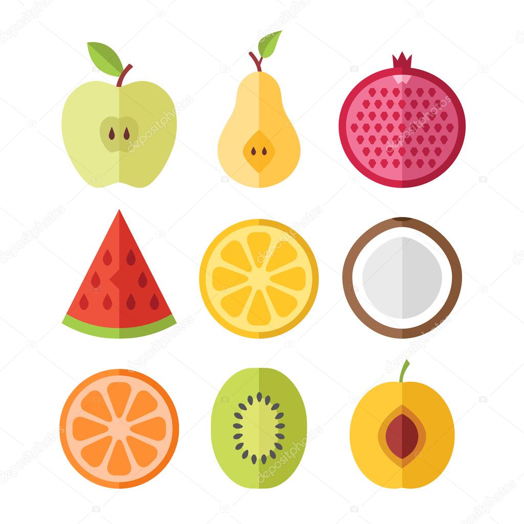 Vector fruits slices set. Apricot, kiwi, orange, coconut, lemon ...