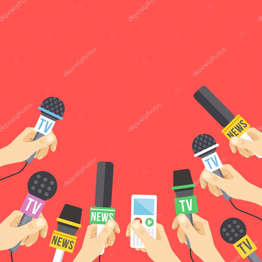 Hands with microphones. Journalism, live report, hot news concept. A ...
